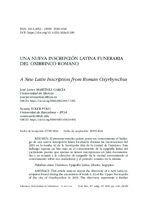 (PDF) UNA NUEVA INSCRIPCIÓN LATINA FUNERARIA DEL OXIRRINCO ROMANO A New ...