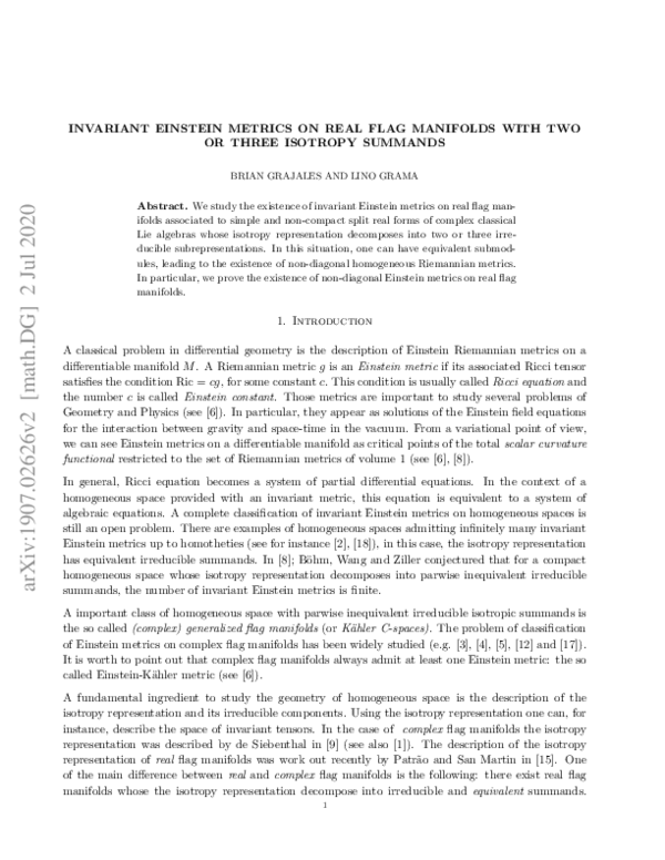 (PDF) Invariant Einstein metrics on real flag manifolds with two or ... (PDF) Invariant Einstein metrics on real flag manifolds with two or ...