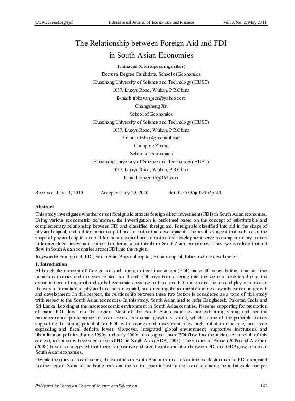 (PDF) The Relationship between Foreign aid and FDI in South Asian Economies