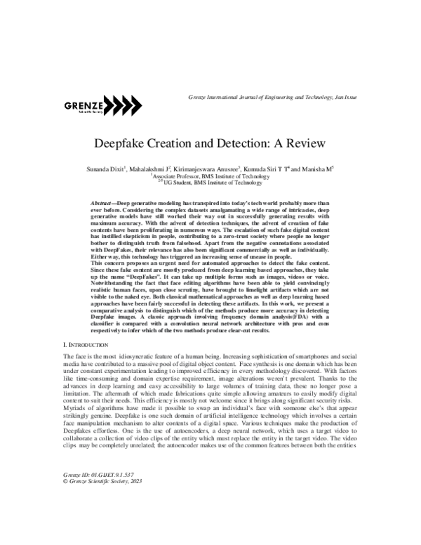 (PDF) Deepfake Creation and Detection: A Review