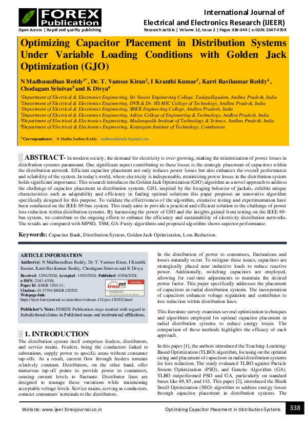 Pdf Optimizing Capacitor Placement In Distribution Systems Under Variable Loading Conditions