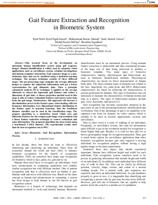 (PDF) Gait Feature Extraction and Recognition in Biometric System