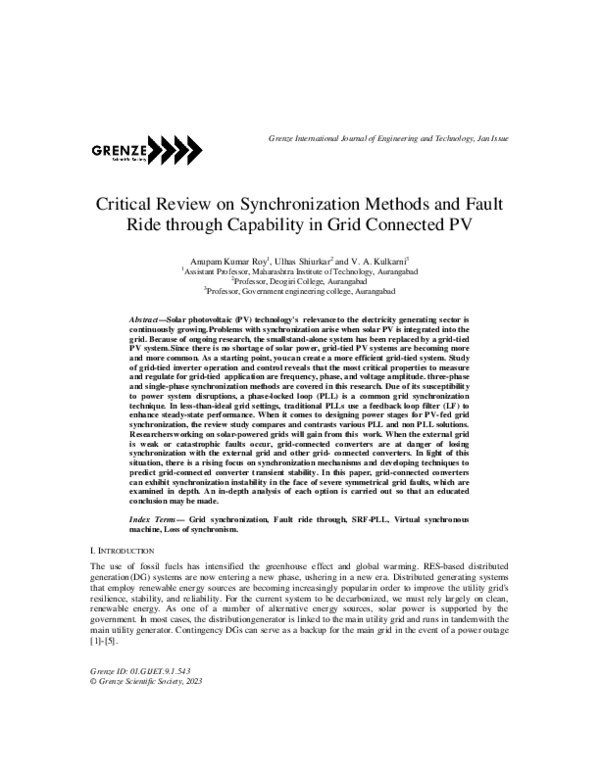 Pdf Critical Review On Synchronization Methods And Fault Ride Through Capability In Grid
