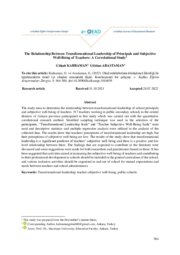 (PDF) The Relationship Between Transformational Leadership of Principals and Subjective Well ...