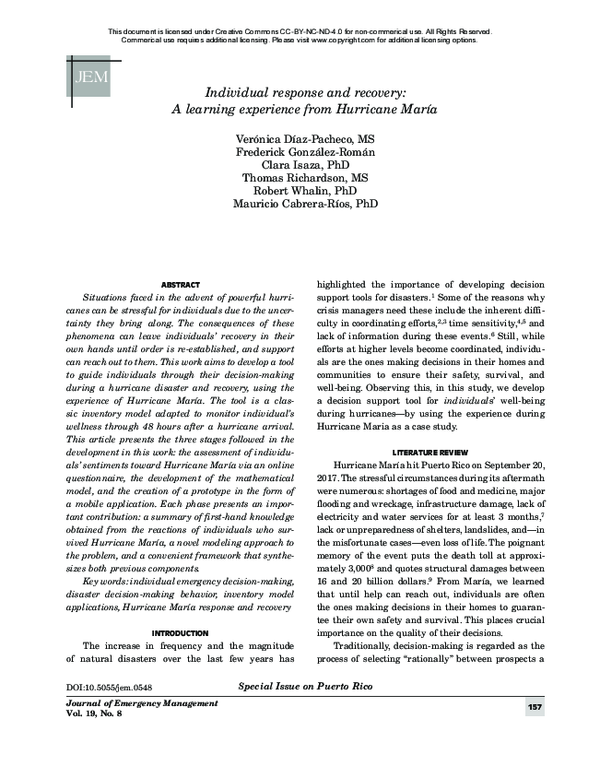 (PDF) Individual response and recovery: A learning experience from ...