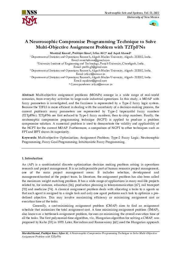 (PDF) A Neutrosophic Compromise Programming Technique to Solve Multi-Objective Assignment ...