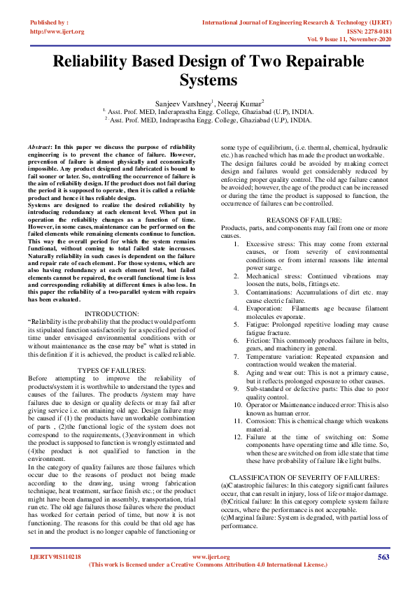 (PDF) Reliability Based Design of Two Repairable Systems | Sanjeev Varshney - Academia.edu