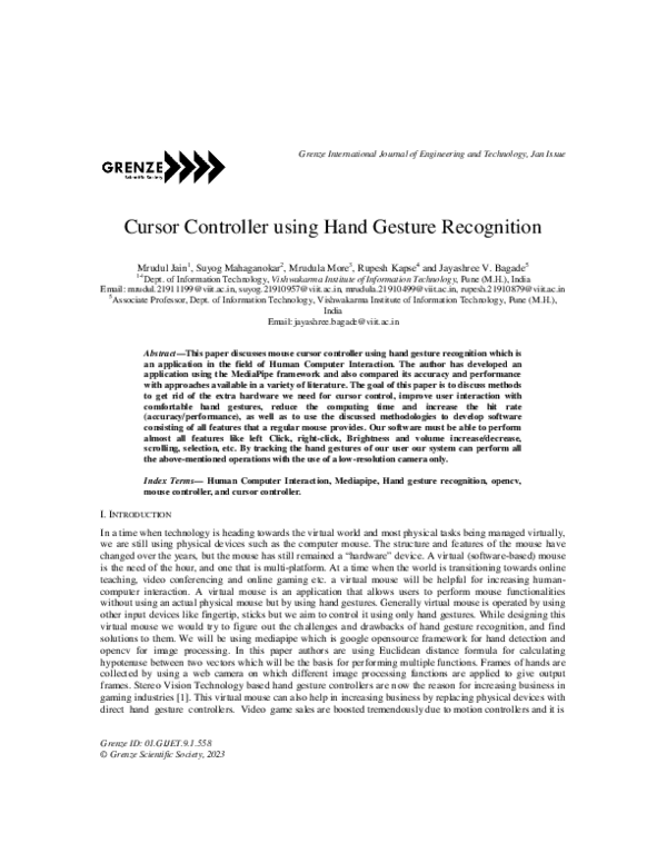 (PDF) Cursor Controller using Hand Gesture Recognition
