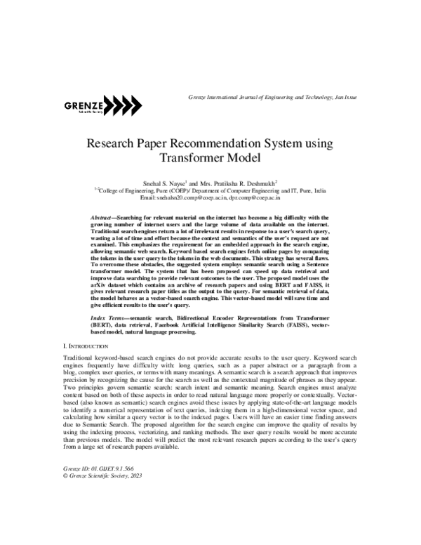 (PDF) Research Paper Recommendation System using Transformer Model
