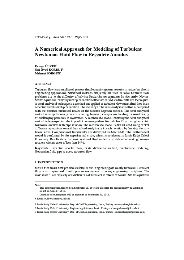 (PDF) A Numerical Approach for Modeling of Turbulent Newtonian Fluid Flow in Eccentric Annulus