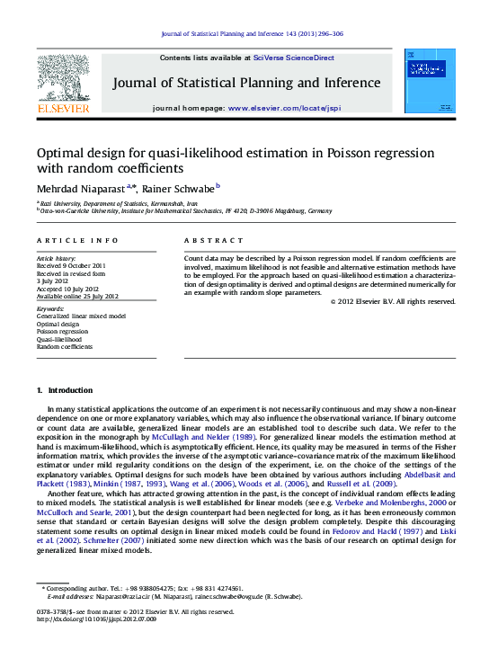 (PDF) Optimal design for quasi-likelihood estimation in Poisson regression with random coefficients