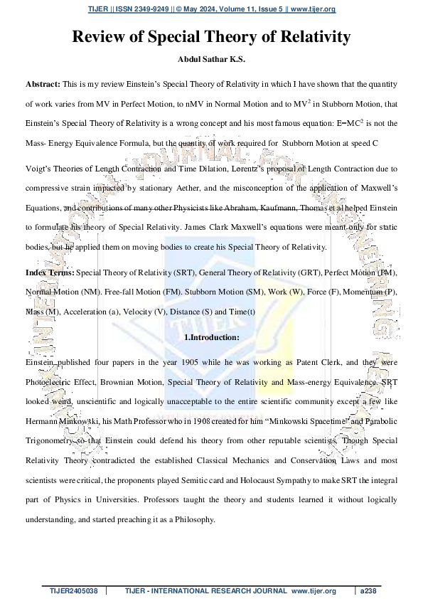 (PDF) Review of Special Theory of Relativity