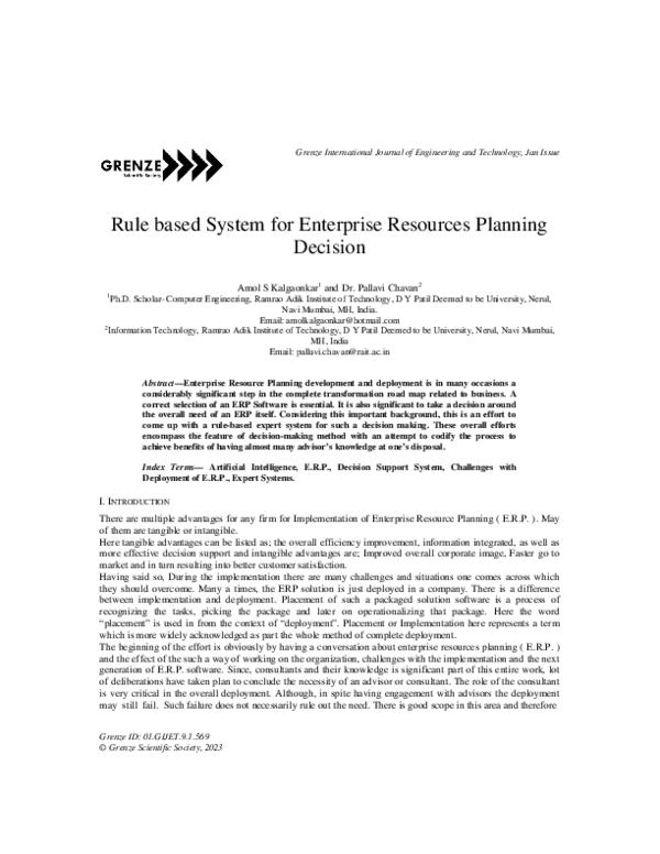 (PDF) Rule based System for Enterprise Resources Planning Decision
