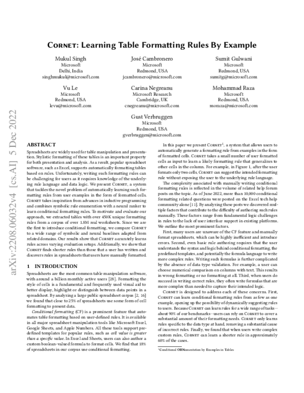 (PDF) CORNET: Learning Table Formatting Rules By Example | Mukul Singh - Academia.edu