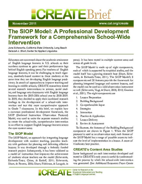 (PDF) The SIOP Model: A Professional Development Framework for a ...