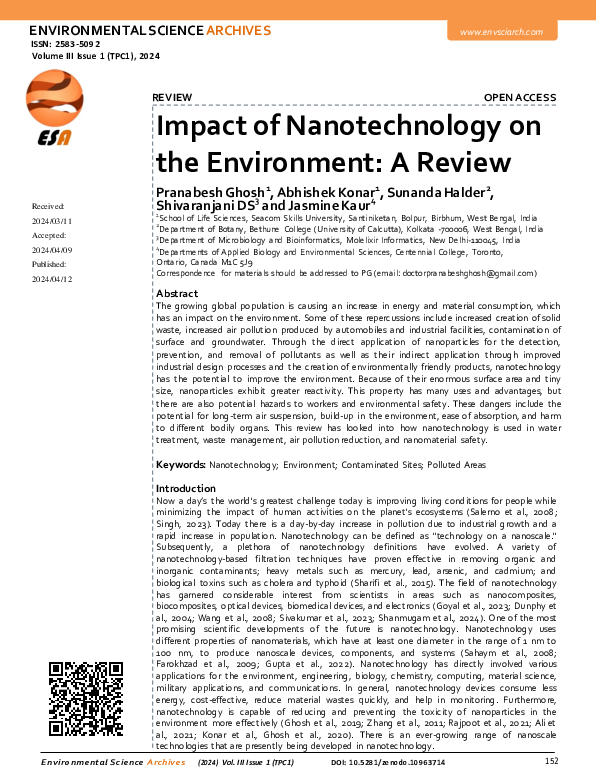 (PDF) Impact of Nanotechnology on the Environment: A Review
