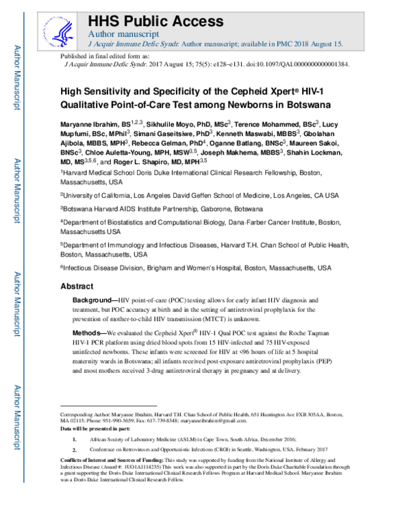 (PDF) High Sensitivity and Specificity of the Cepheid Xpert® HIV-1 ...