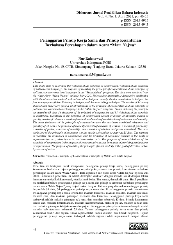 (PDF) Pelanggaran Prinsip Kerja Sama dan Prinsip Kesantunan Berbahasa ... (PDF) Pelanggaran Prinsip Kerja Sama dan Prinsip Kesantunan Berbahasa ...