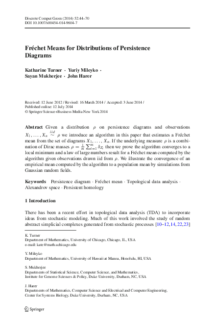 (PDF) Fréchet Means for Distributions of Persistence Diagrams | John ...