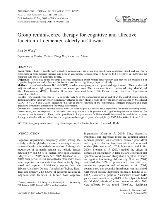 (PDF) Reminiscence Therapy for Elderly Dementia