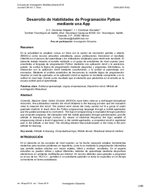 (PDF) Desarrollo de Habilidades de Programación Python mediante una App