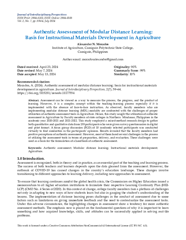 (PDF) Authentic Assessment of Modular Distance Learning: Basis for ...