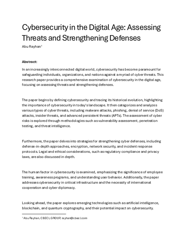 (PDF) Cybersecurity in the Digital Age: Assessing Threats and ...