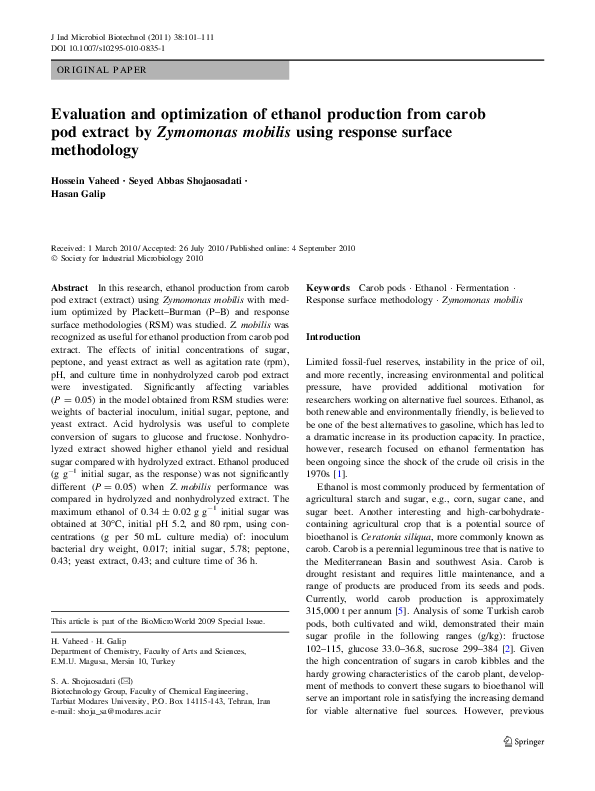 (PDF) Evaluation and optimization of ethanol production from carob pod extract by Zymomonas ...