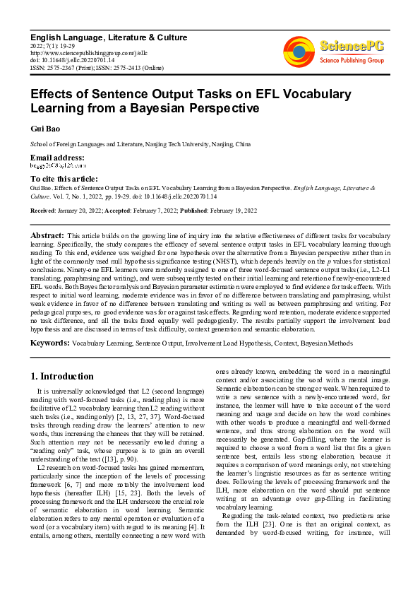 (PDF) Effects of Sentence Output Tasks on EFL Vocabulary Learning from ...