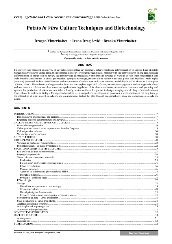 (PDF) Potato in Vitro Culture Techniques and Biotechnology