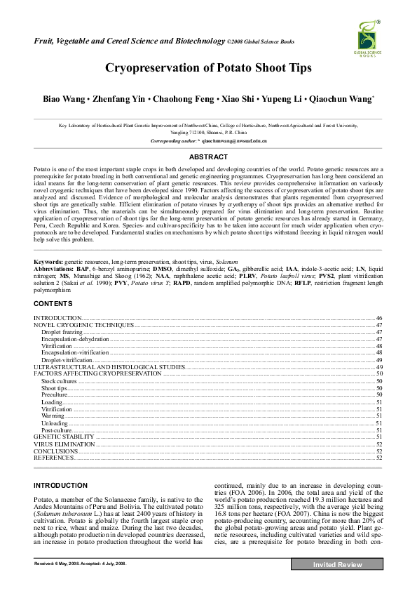 (PDF) Cryopreservation of Potato Shoot Tips
