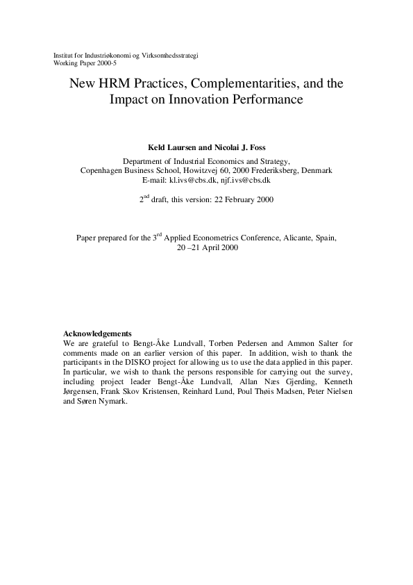(PDF) New HRM practices, complementarities, and the impact on innovation performance