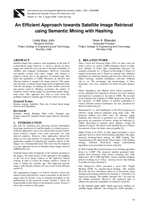 (PDF) An Efficient Approach towards Satellite Image Retrieval using Semantic Mining with Hashing