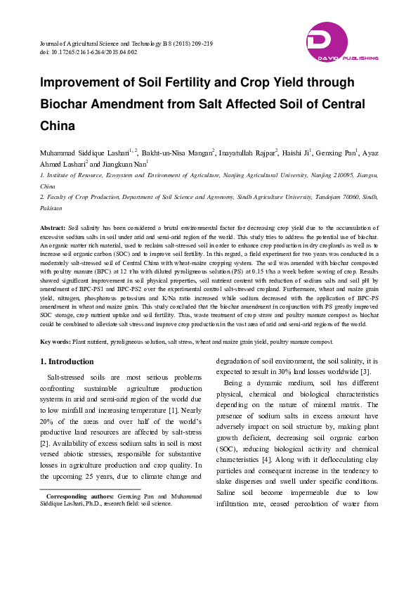 (PDF) Improvement of Soil Fertility and Crop Yield through Biochar Amendment from Salt Affected ...