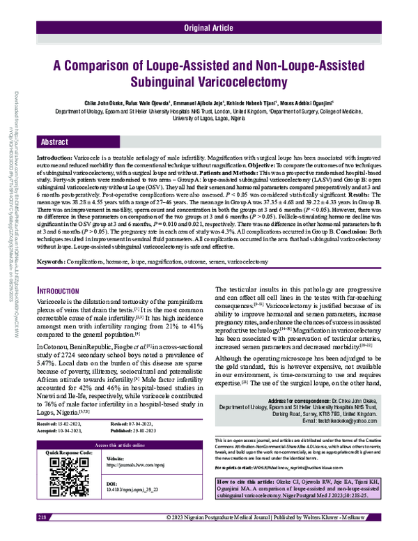 Pdf A Comparison Of Loupe Assisted And Non Loupe Assisted Subinguinal