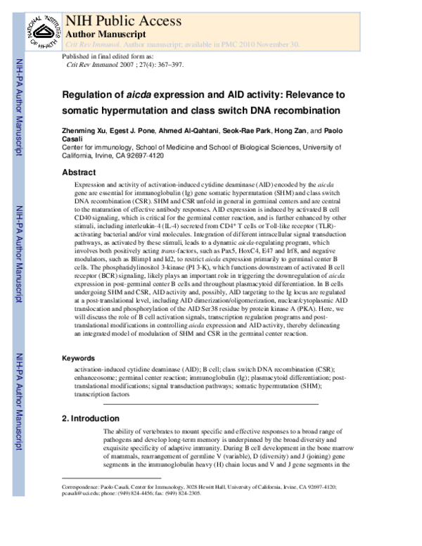 (PDF) Regulation of aicda Expression and AID Activity: Relevance to ...