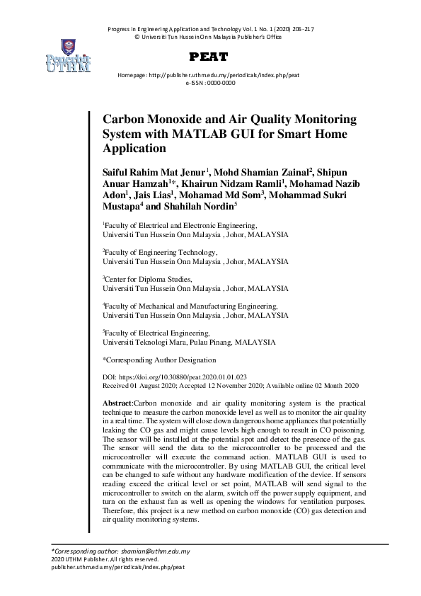 (PDF) Carbon Monoxide and Air Quality Monitoring System with MATLAB GUI for Smart Home Application