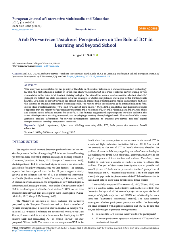 (PDF) Arab Pre-service Teachers’ Perspectives on the Role of ICT in Learning and beyond School