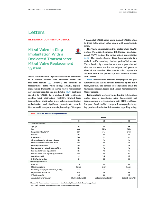 (PDF) Mitral Valve-in-Ring Implantation With a Dedicated Transcatheter Mitral Valve Replacement ...