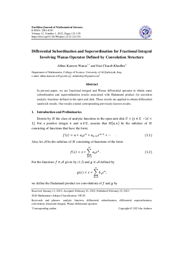 Pdf Differential Subordination And Superordination For Fractional Integral Involving Wanas