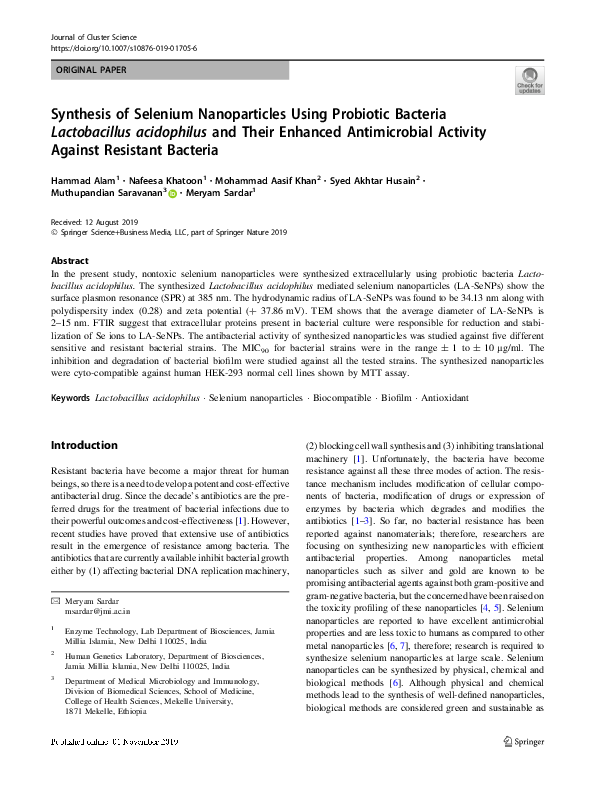 (PDF) Synthesis of Selenium Nanoparticles Using Probiotic Bacteria Lactobacillus acidophilus and ...