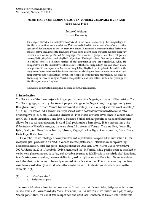 (PDF) SOME ISSUES ON MORPHOLOGY IN YORÙBÁ COMPARATIVES AND SUPERLATIVES
