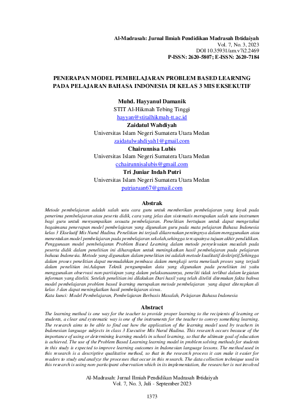 (PDF) Penerapan Model Pembelajaran Problem Based Learning pada Pelajaran Bahasa Indonesia di ...