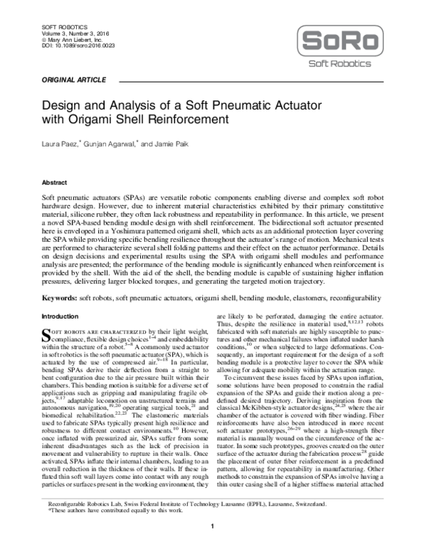 (PDF) Design and Analysis of a Soft Pneumatic Actuator with Origami Shell Reinforcement