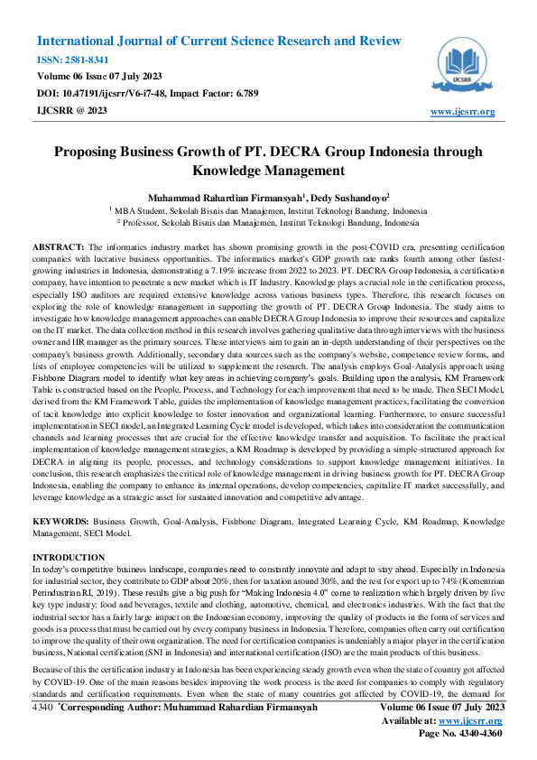 (PDF) Proposing Business Growth of PT. DECRA Group Indonesia through Knowledge Management