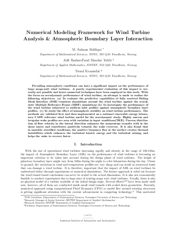 (PDF) Numerical Modeling Framework for Wind Turbine Analysis & Atmospheric Boundary Layer ...