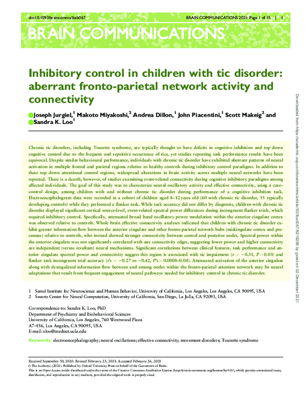 (PDF) Inhibitory control in children with tic disorder: aberrant fronto ...