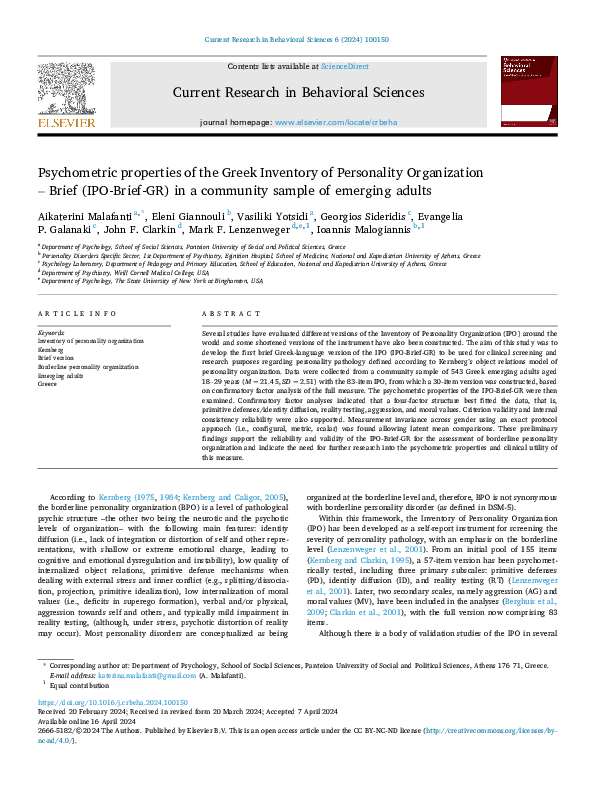 (PDF) Psychometric properties of the Greek Inventory of Personality Organization-Brief (IPO ...