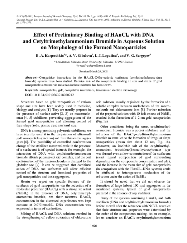 (PDF) Effect of Preliminary Binding of HAuCl4 with DNA and ...