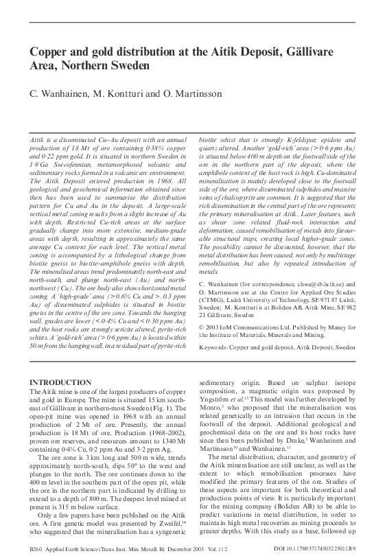 (PDF) Copper and gold distribution at the Aitik Deposit, Gällivare Area ...